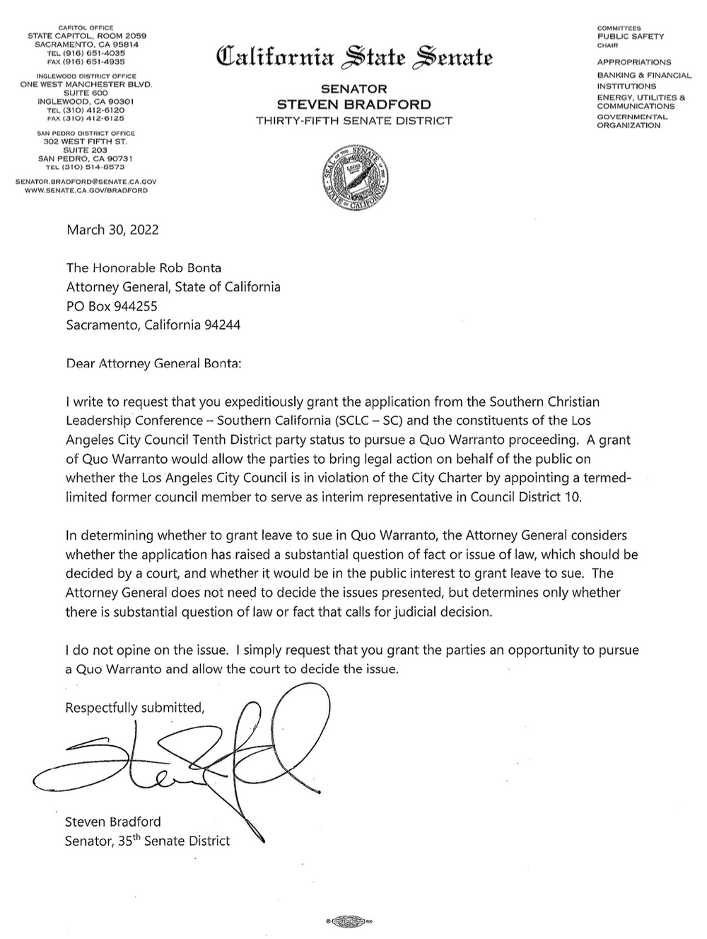Open Letter From California State Senator Steven Bradford, Chair of the ...